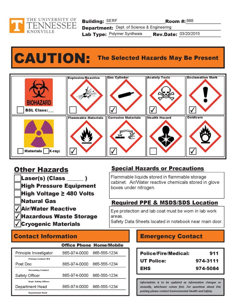 Lab Door Placards | Environmental Health & Safety